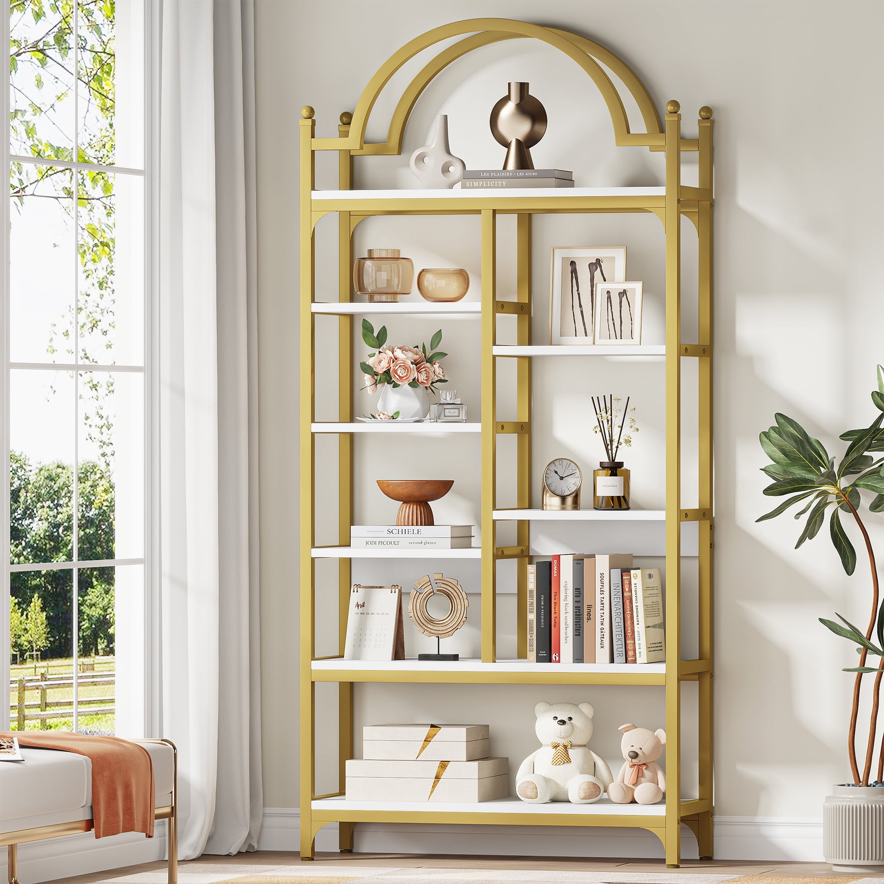 Condemo Tall Bookshelf, 8-Tier Industrial Arched Etagere Bookcase, Open ...