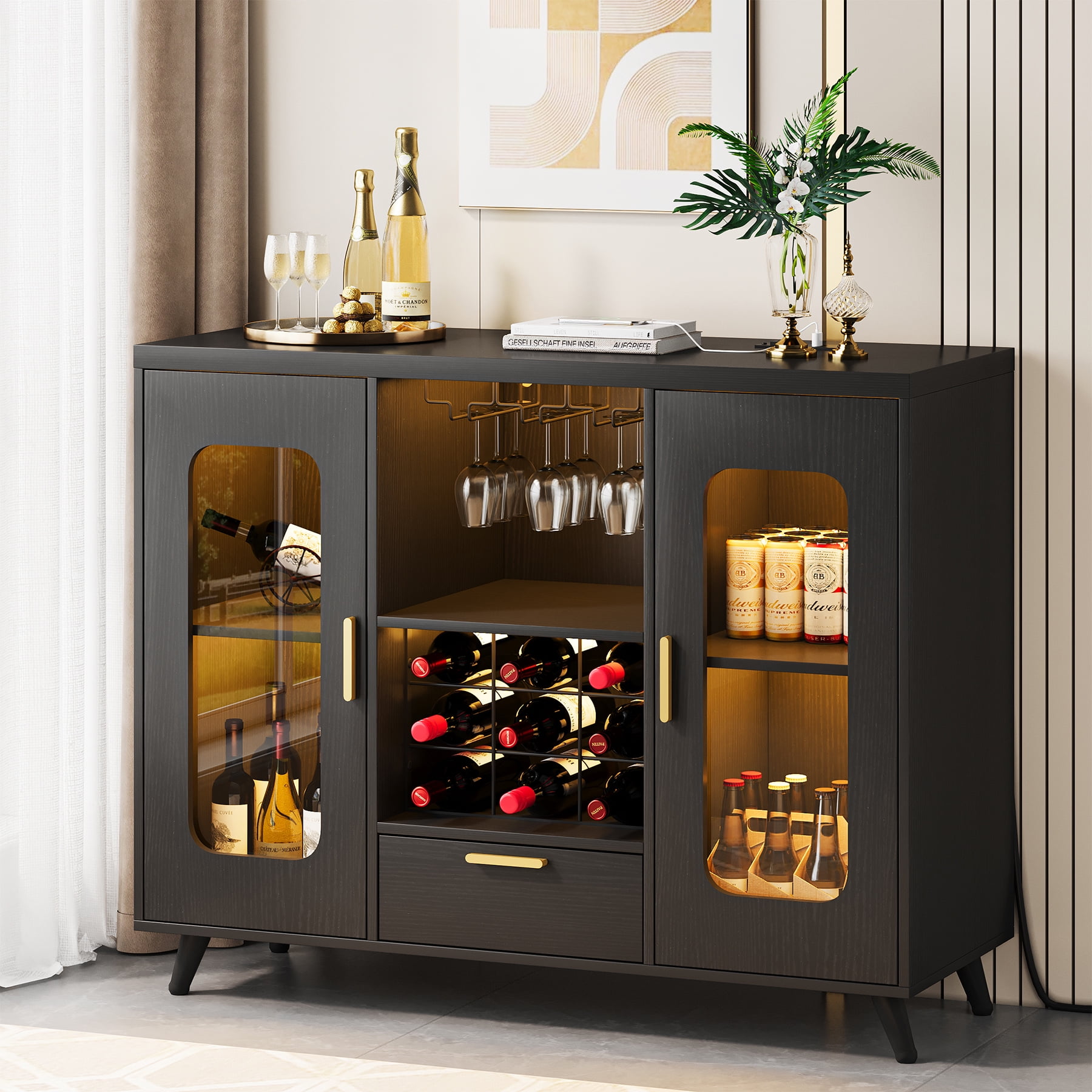 Condemo Wine Bar Cabinet with LED Light, Modern Coffee Bar Cabinet with ...