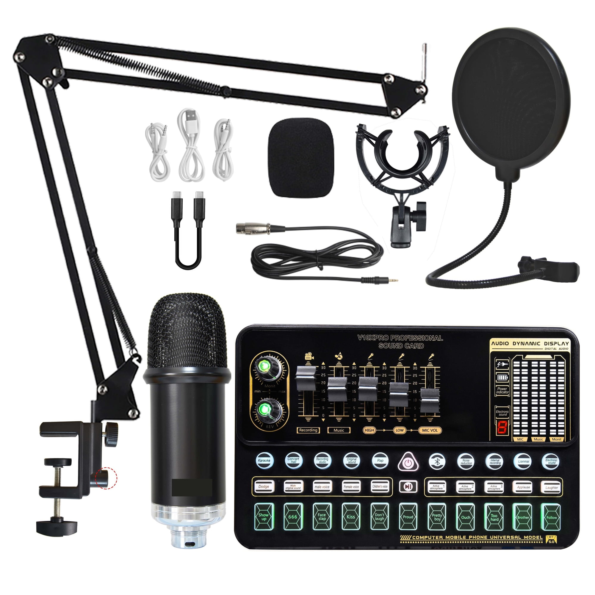 Condenser Microphone Bundle Sound Card Kit With Adjustable Mic ...