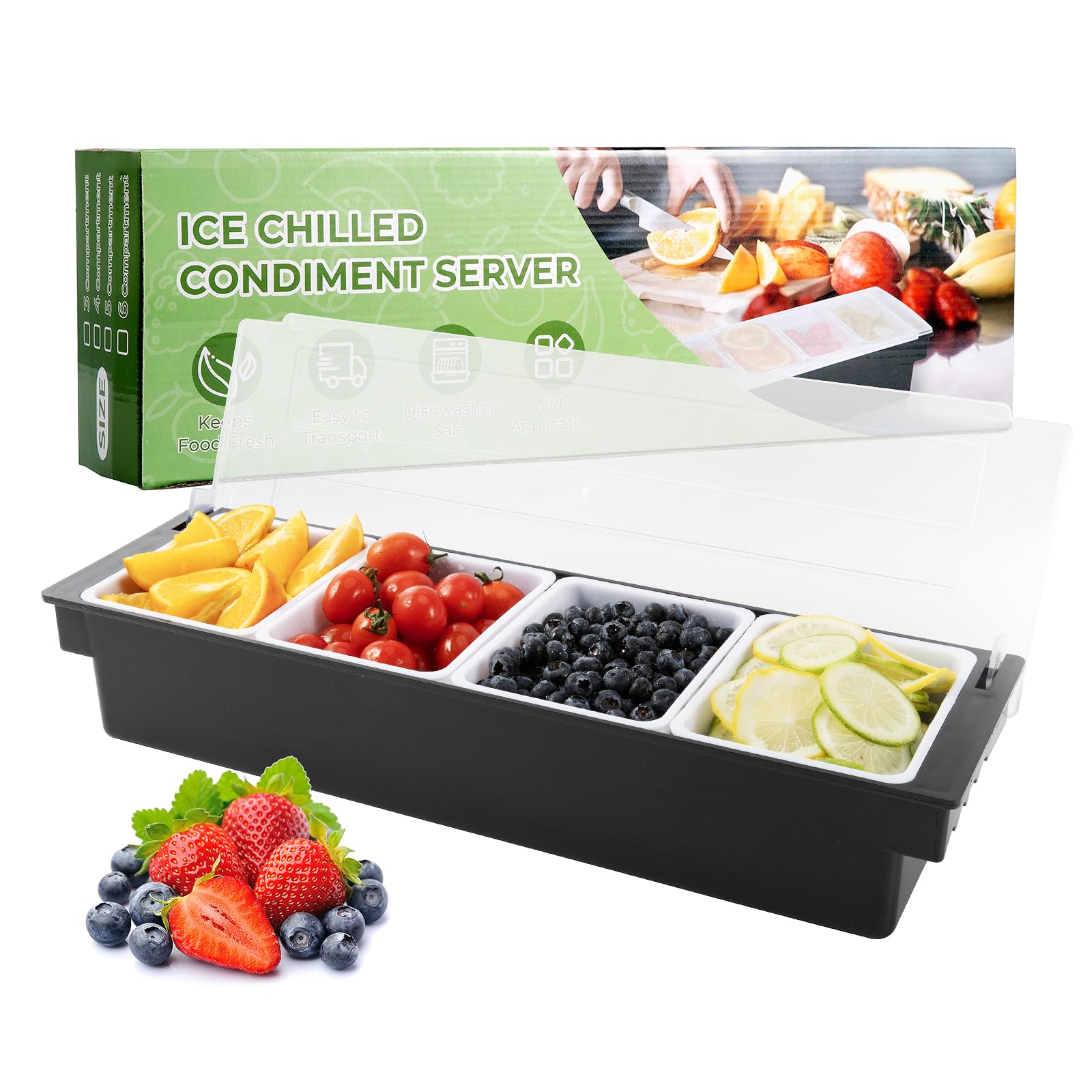 Condiment Server with Ice Tray, 4 Compartment Plastic Food Caddy for ...