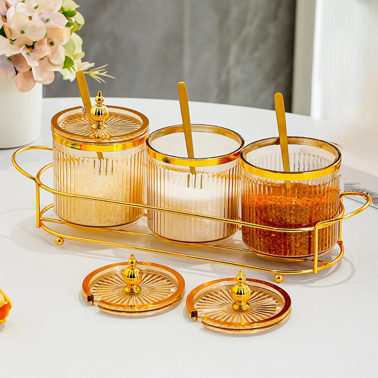 Condiment Spice Jars and Box with Lids, Spoons, Tray - 3 Pack, Gold ...