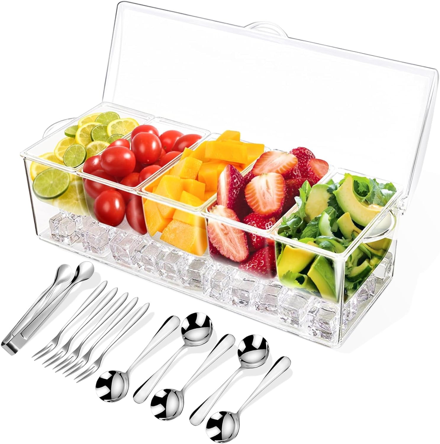 OKENTEN Condiment Tray Material with Stainless Steel 5 Spoons, 5 Forks ...