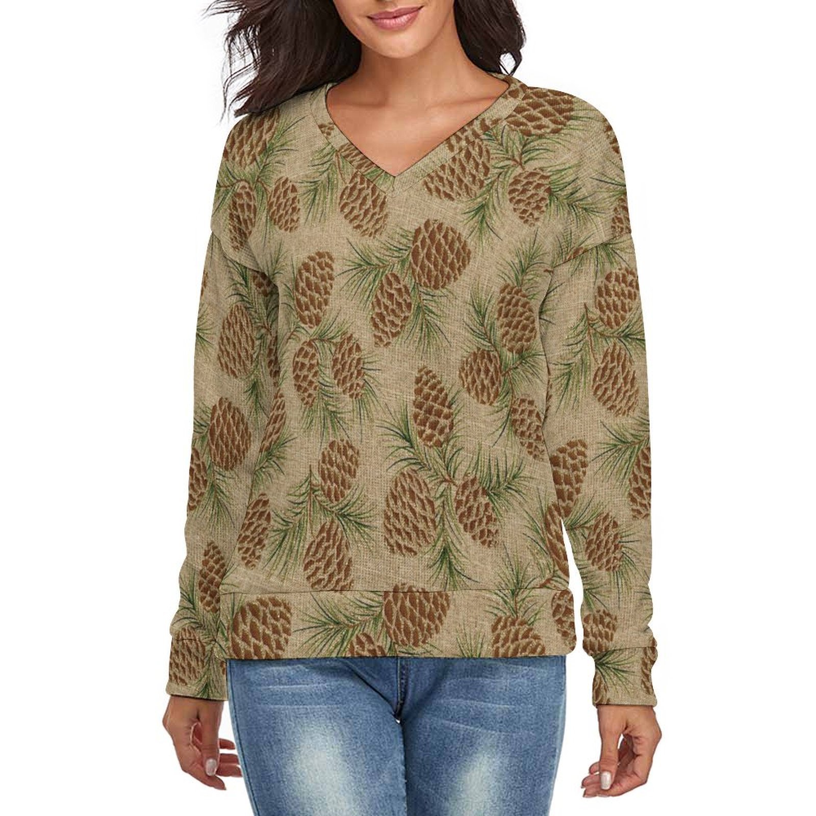 Cone Branches Christmas V-neck Sweater Winter Clothes Long Sleeve ...