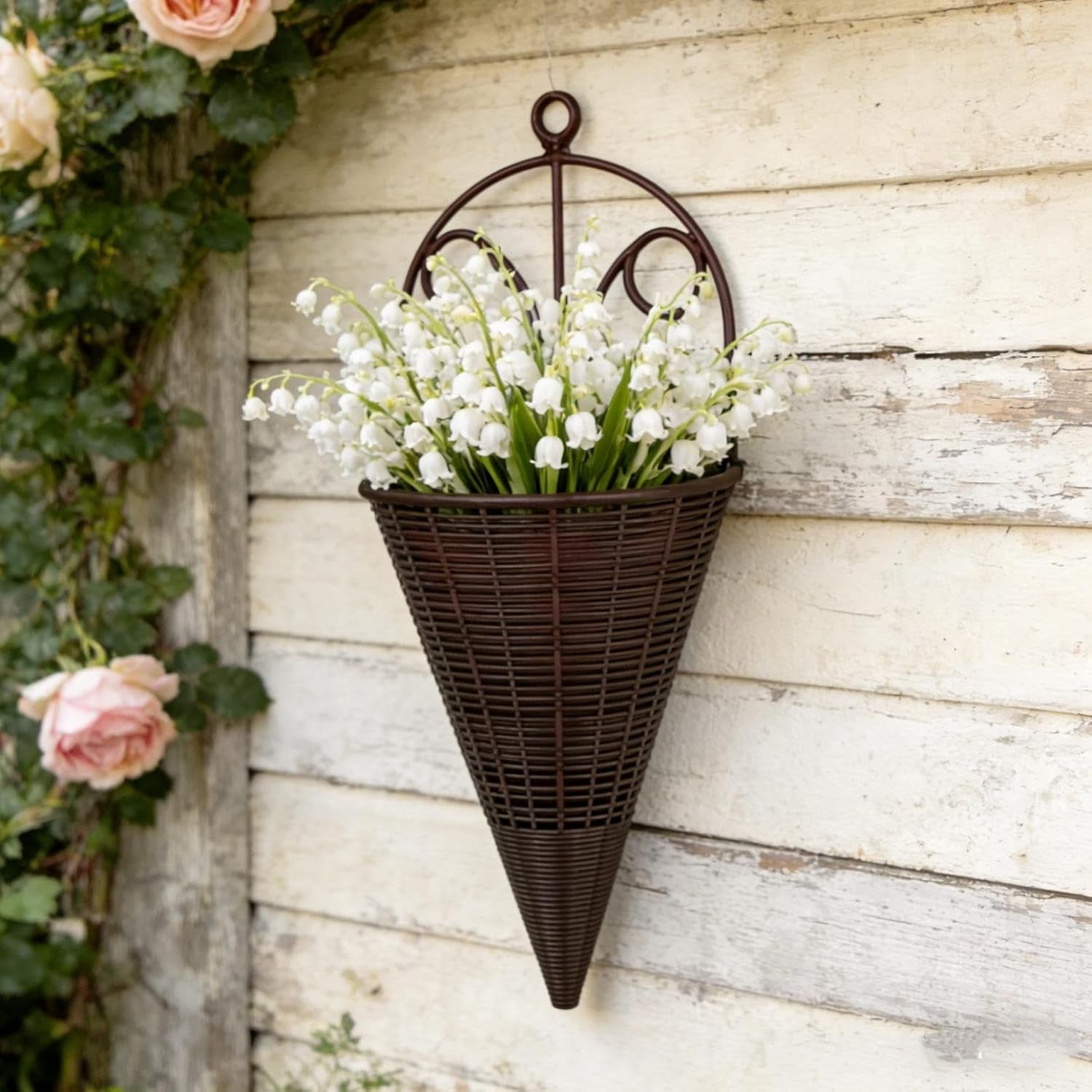 Cone Hanging Flower Basket, 11.8in Wicker Wall Mounted Planter, Indoor ...