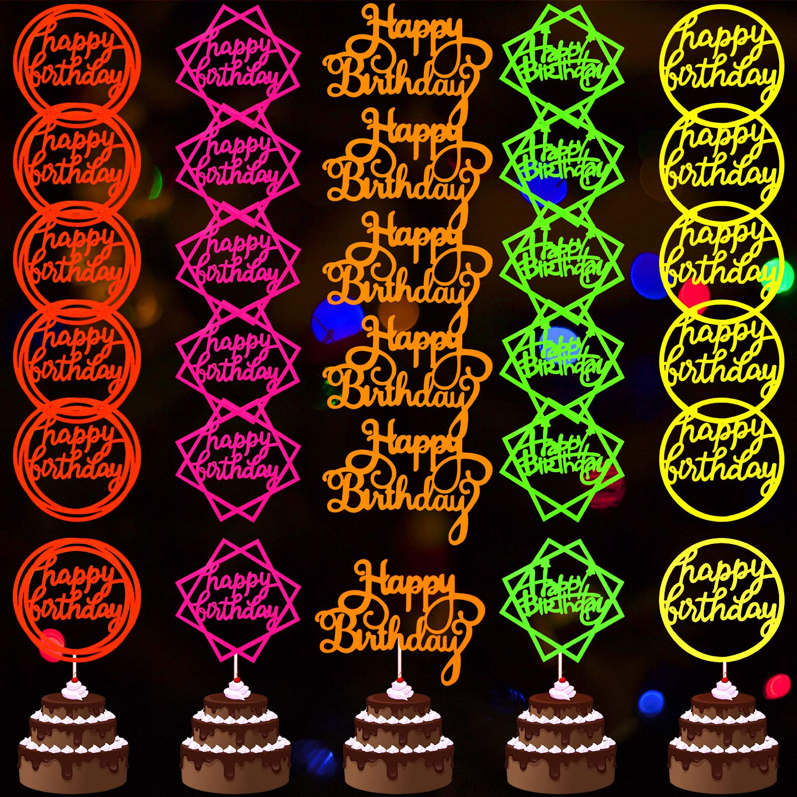 Coneedy 30 Pieces FEV6 Glow Party Neon Birthday Cake Toppers Happy ...