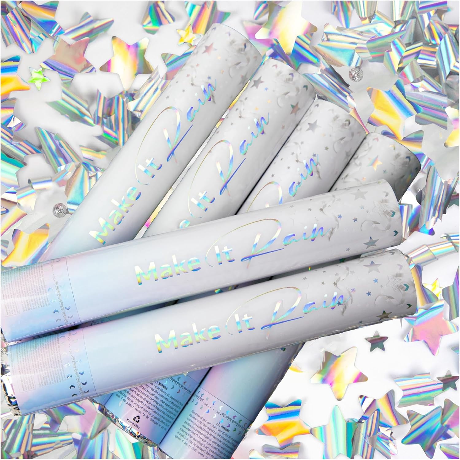 Confetti Cannon Party Poppers - Holographic Silver Stars Confetti ...