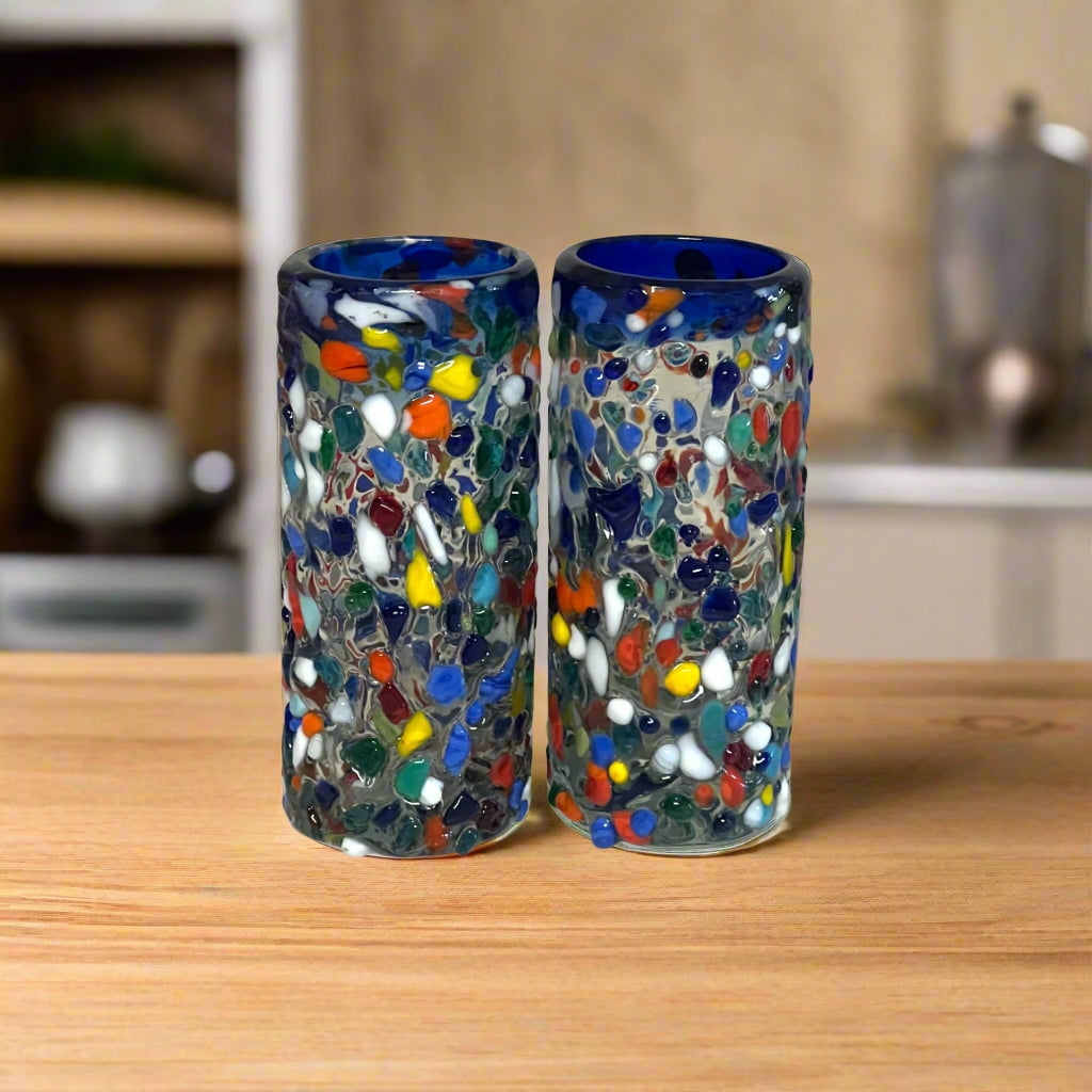 Confetti Double Shot Glass | Hand Blown Mexican Blue Rim (Setof2 ...