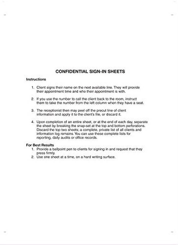 Confidential Sign-in Sheets, 8-1/2" X 11" (WHITE) Carbonless Form (Lot ...