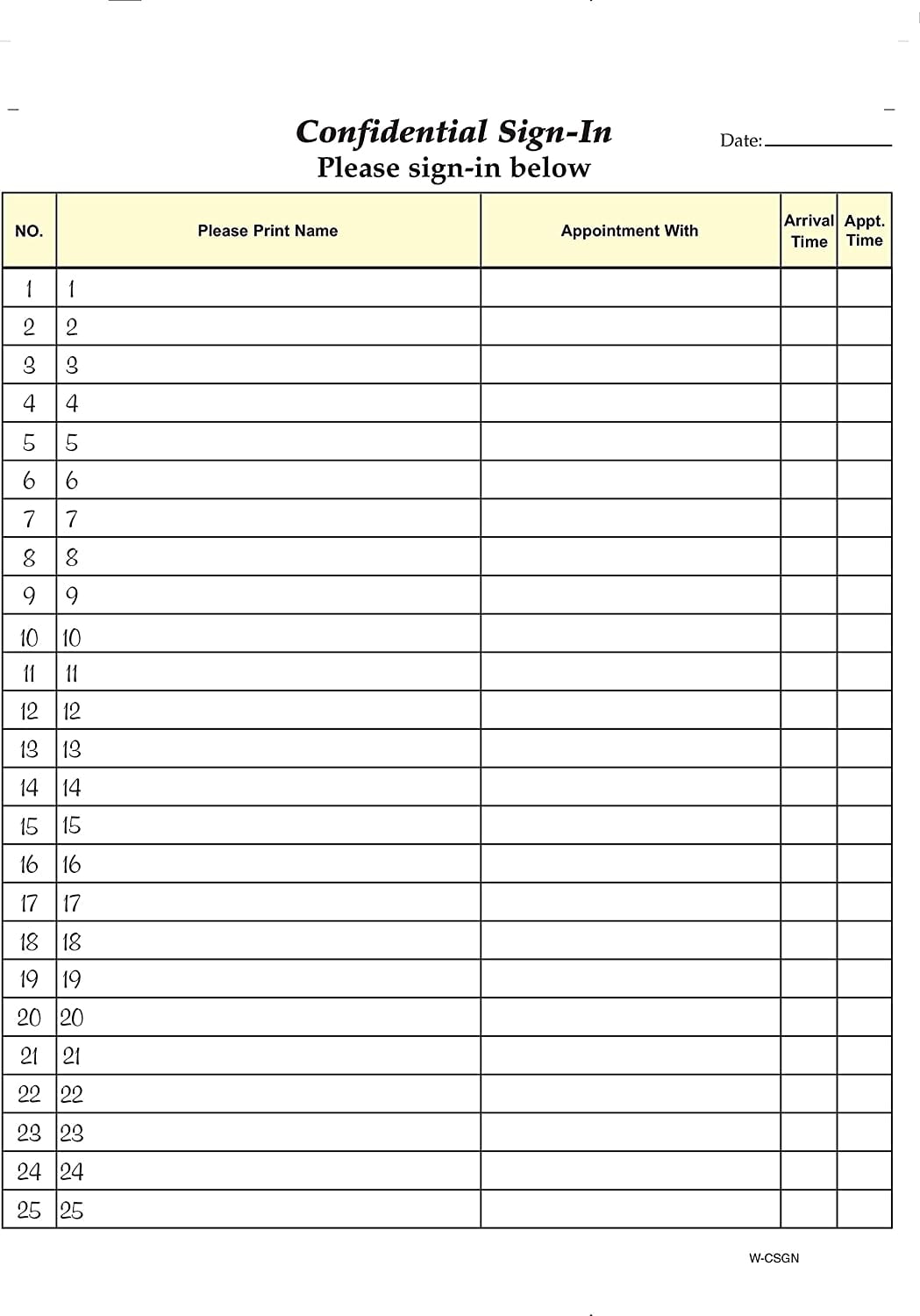 Confidential Sign-in Sheets, 8-1/2" X 11" (WHITE) Carbonless Form (Lot ...