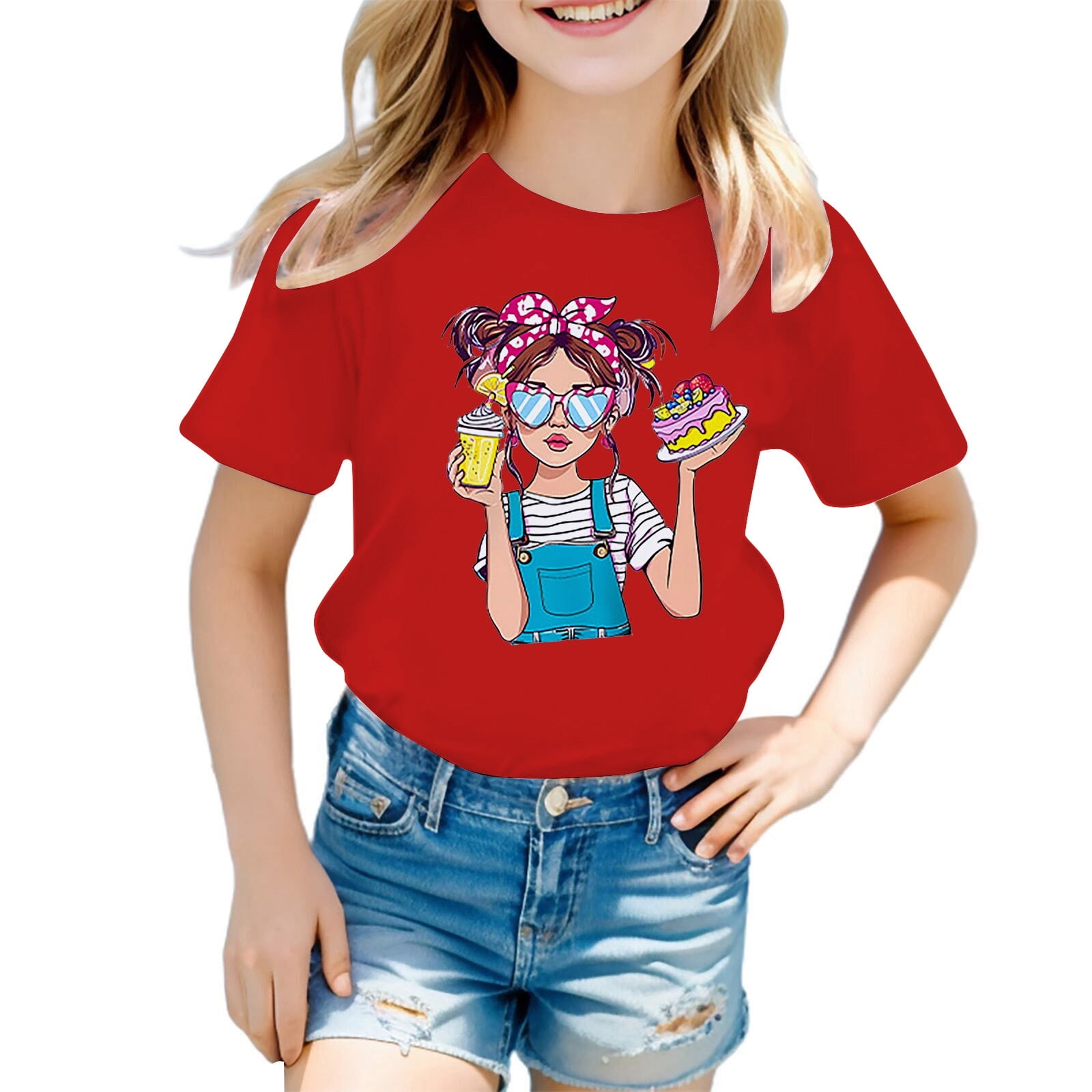 Confree Kids Girls Shirt Cute Graphic Print Short Sleeved Crew Neck ...