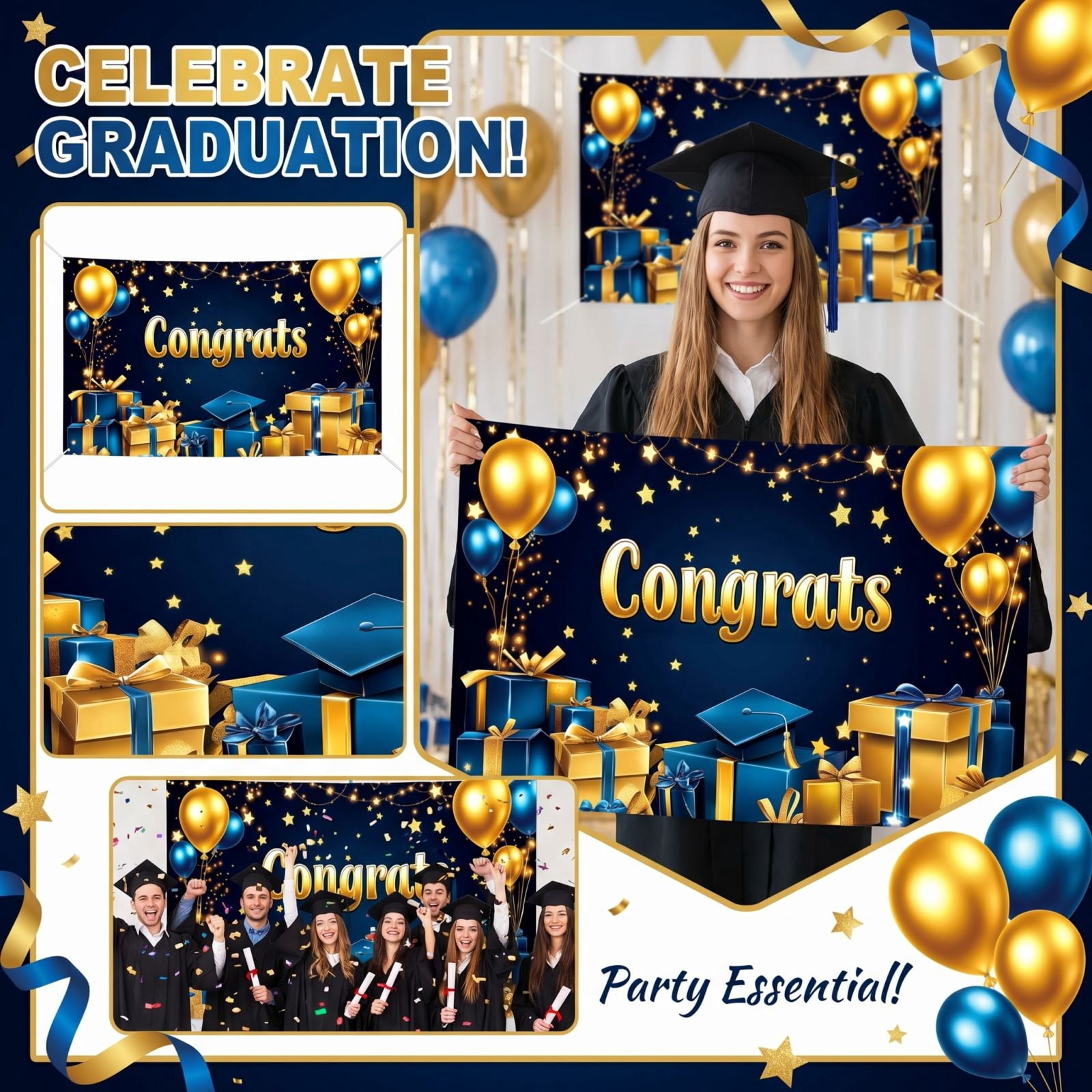 Congrats Class of 2026 Banner Graduation Decorations, Blue and Gold ...