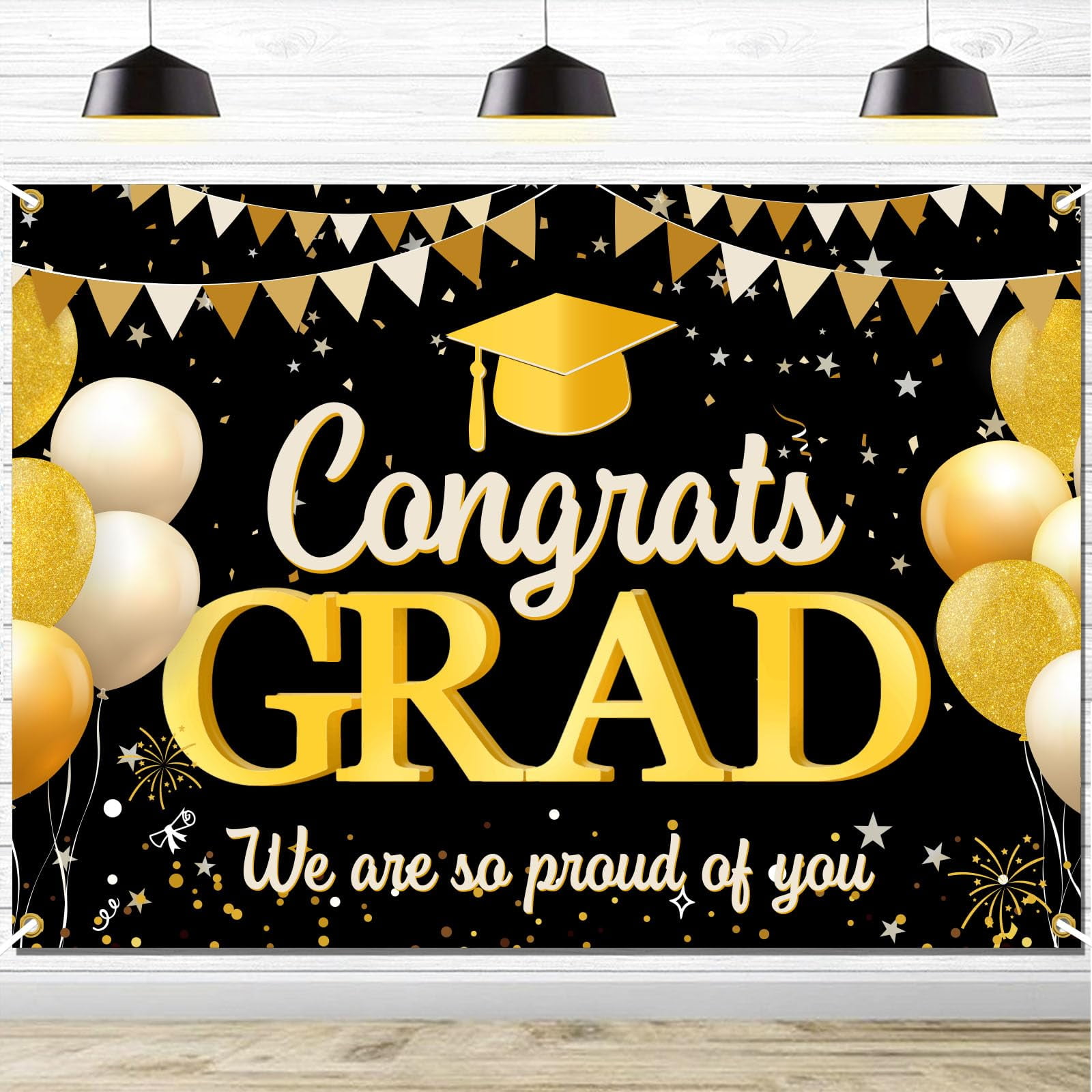Congrats Grad Backdrop Banner - Black Gold We're So Proud of You ...