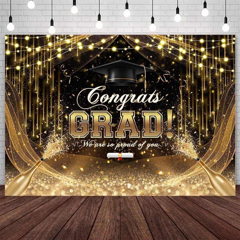 Congrats Grad Backdrop Black Gold Glitter Graduation Party Decorations ...