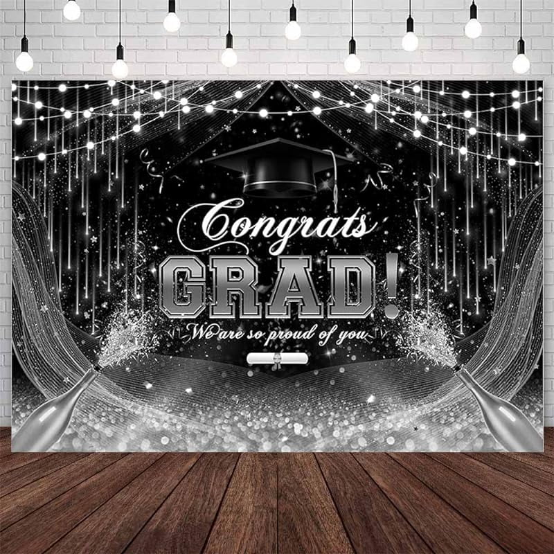 Congrats Grad Backdrop Black Gold Glitter Graduation Party Decorations ...