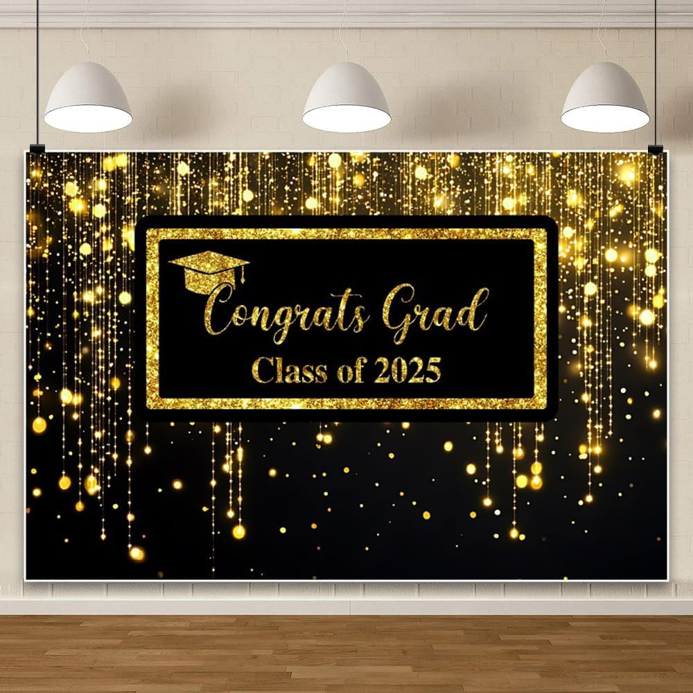 Congrats Grad Backdrop Black Gold Graduation Backdrop Class of 2025 for ...