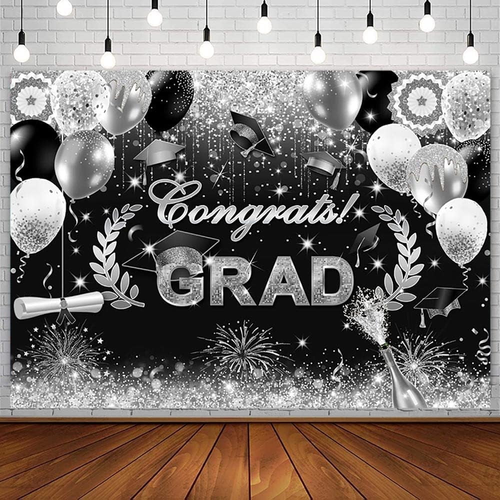 Congrats Grad Backdrop Black Silver Graduation Photography Background ...
