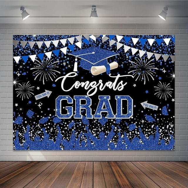 Congrats Grad Backdrop Blue Silver Glitter Dots Class of 2025 ...