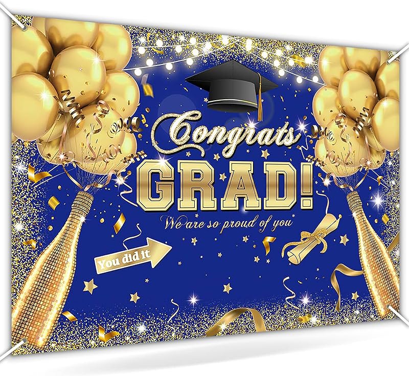 Congrats Grad Backdrop for Class of 2024 Royal Blue and Gold Graduation ...