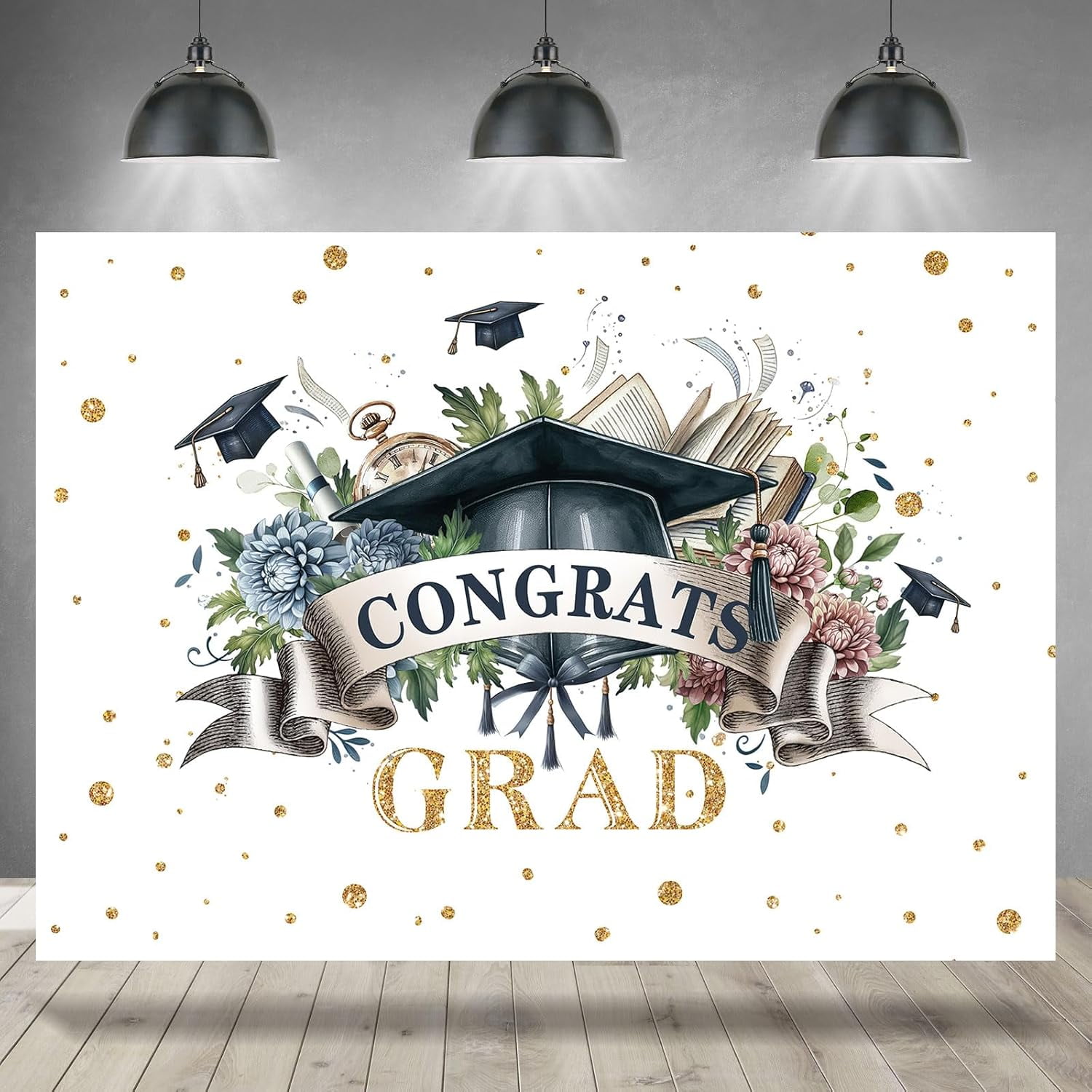 Congrats Grad Backdrop Floral Leaves Class of 2025 Graduation ...
