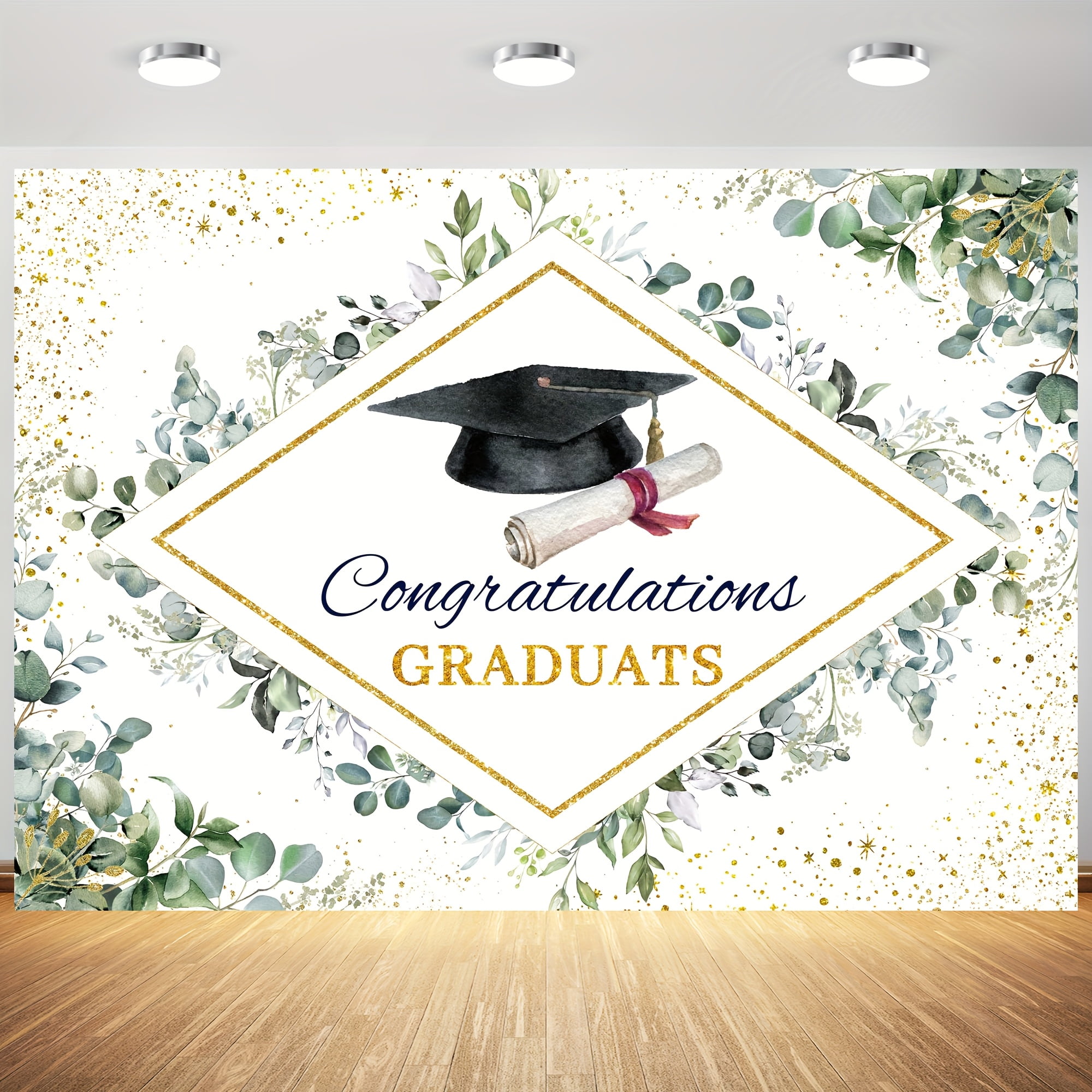 Congrats Grad Backdrop Graduation Class Of Green Leaves Bachelor Cap ...