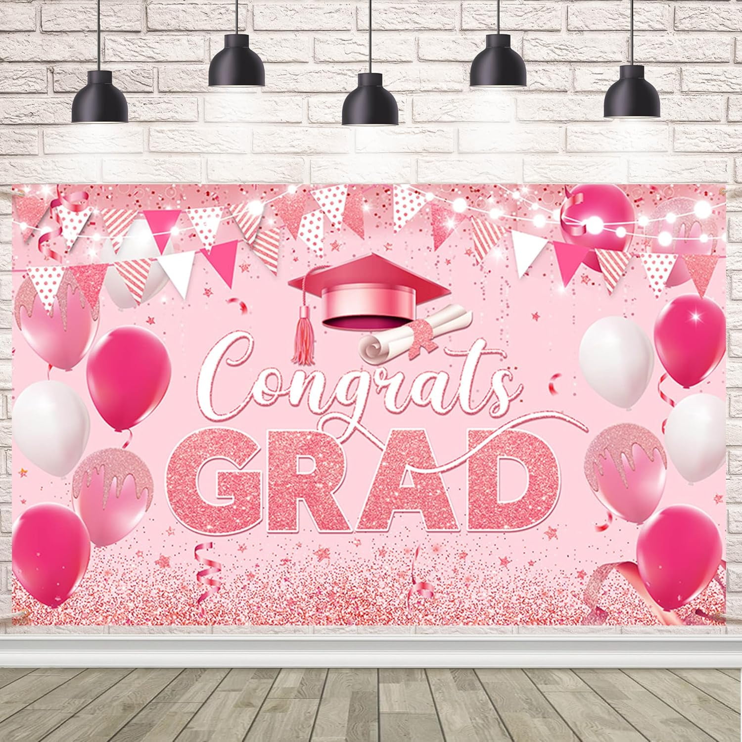 Congrats Grad Backdrop Graduation Decorations 2025 Pink Gold Glitter ...