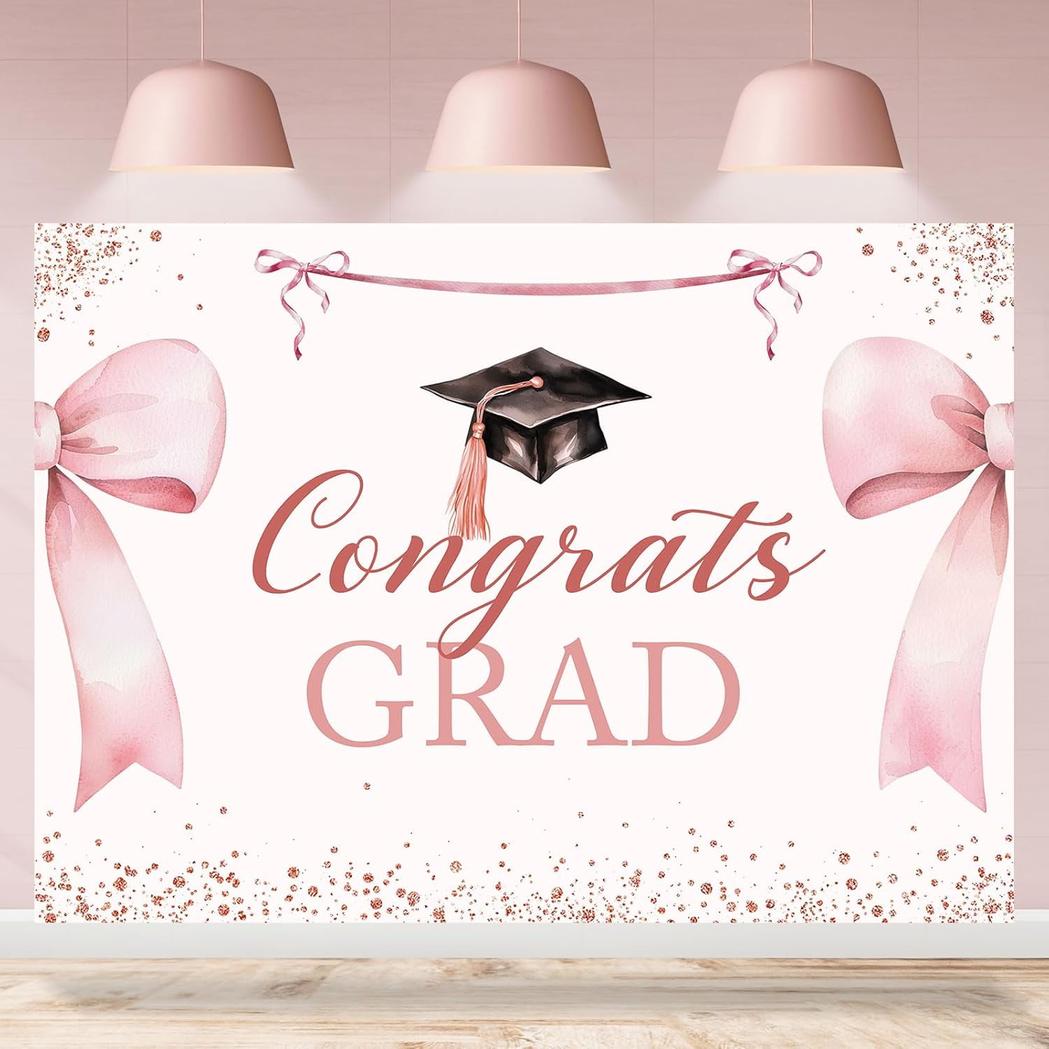 Congrats Grad Backdrop Pink Bow Graduation Grad She Did It Class of ...