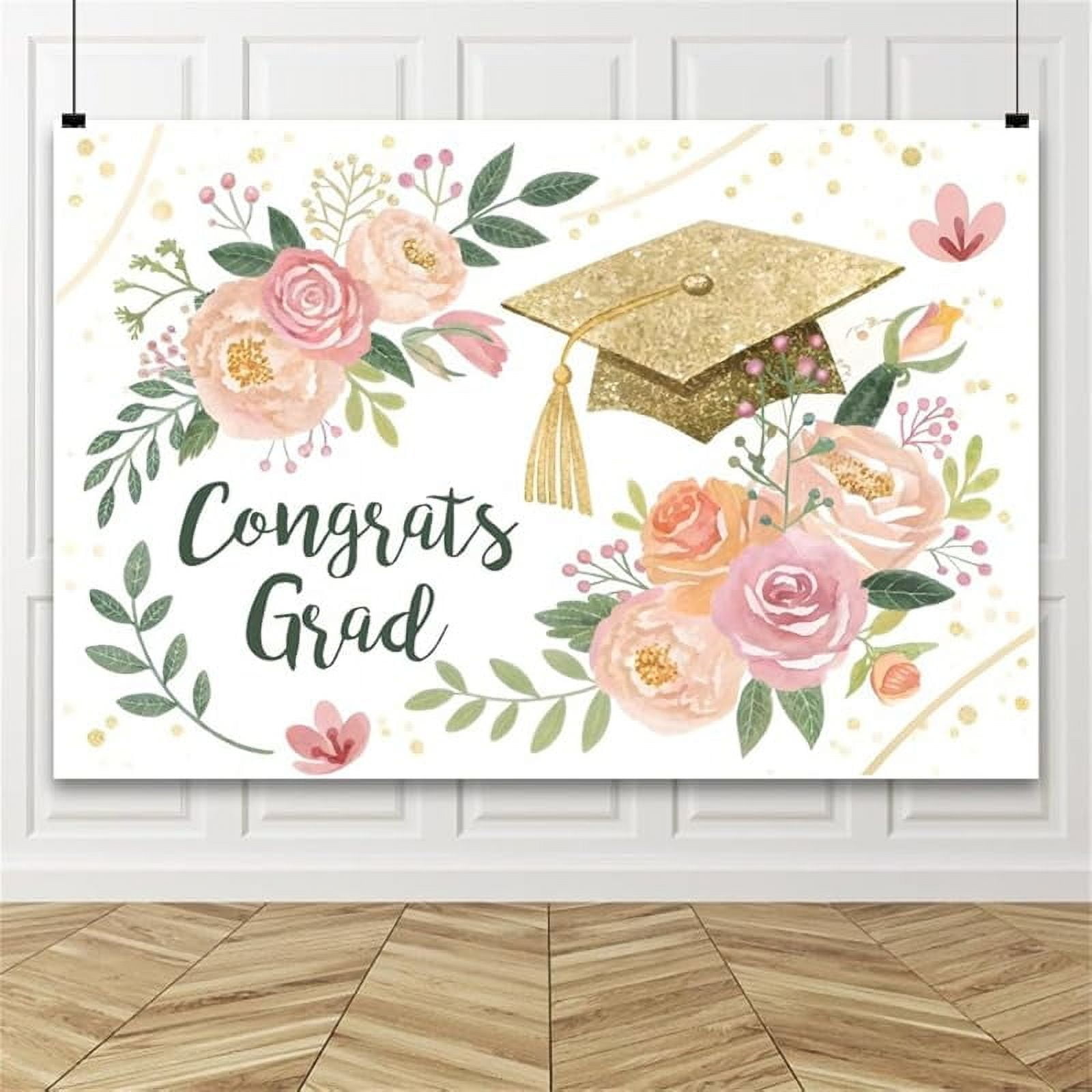 Congrats Grad Backdrop Pink Flower and Green Leaf Backdrops for ...