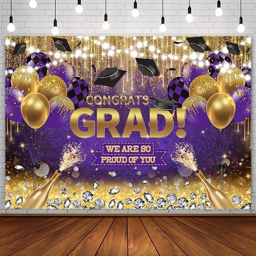 Congrats Grad Backdrop Purple Gold Diamond Graduation Photography ...