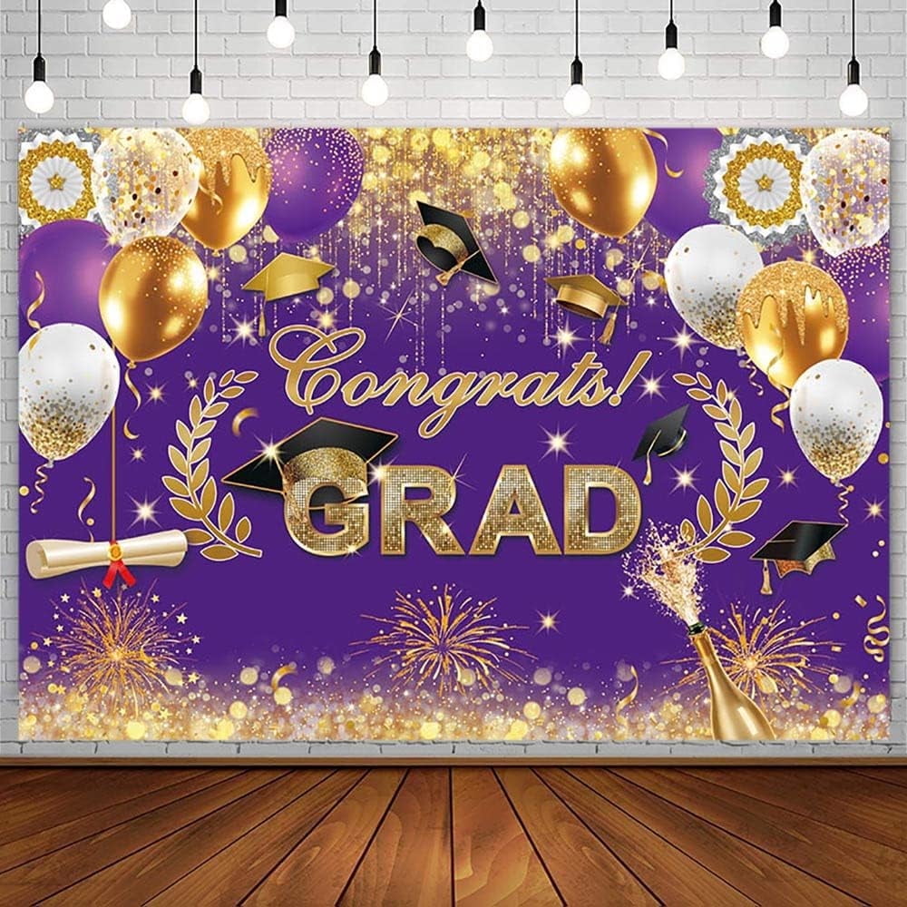 Congrats Grad Backdrop Purple Gold Graduation Photography Background ...