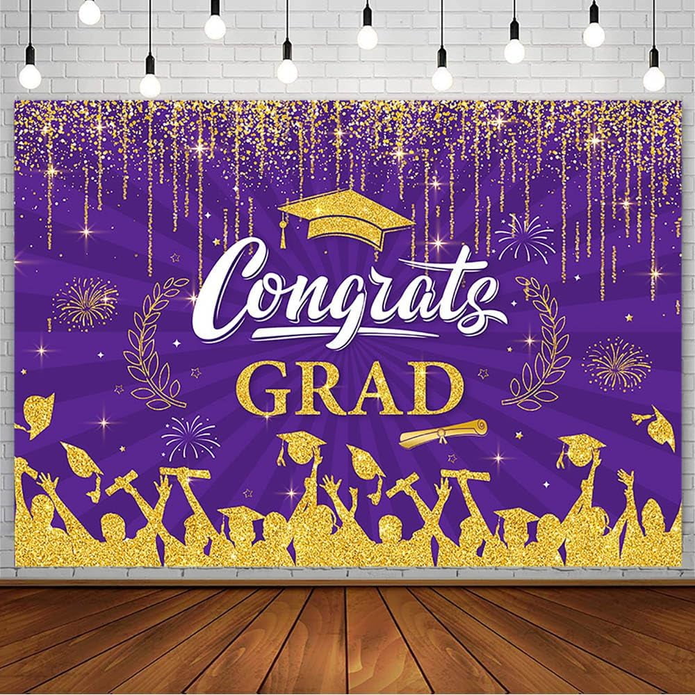 Congrats Grad Backdrop Purple Gold Graduation Photography Background ...