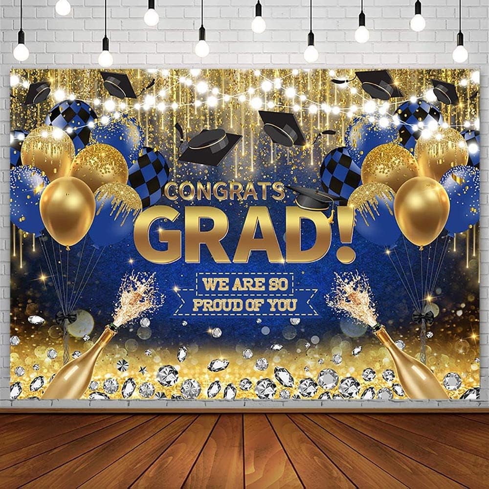 Congrats Grad Backdrop Royal Blue Gold Diamond Graduation Photography ...