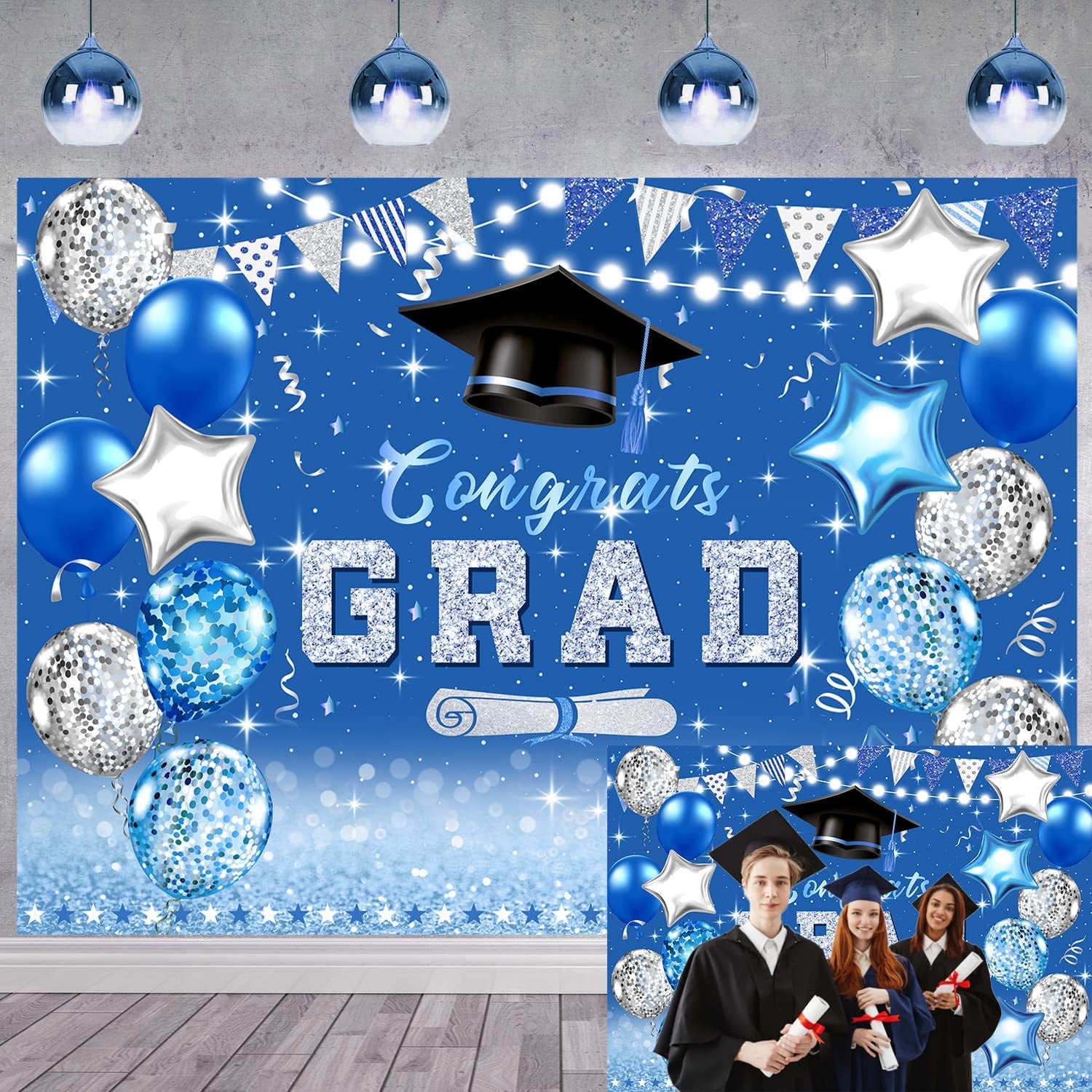 Congrats Grad Backdrop for Photography Blue Balloon Graduation ...
