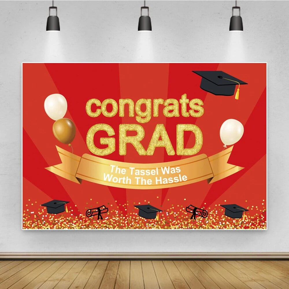 Congrats Grad Balloons Cap Gold Red Dots Customized Poster Portrait ...