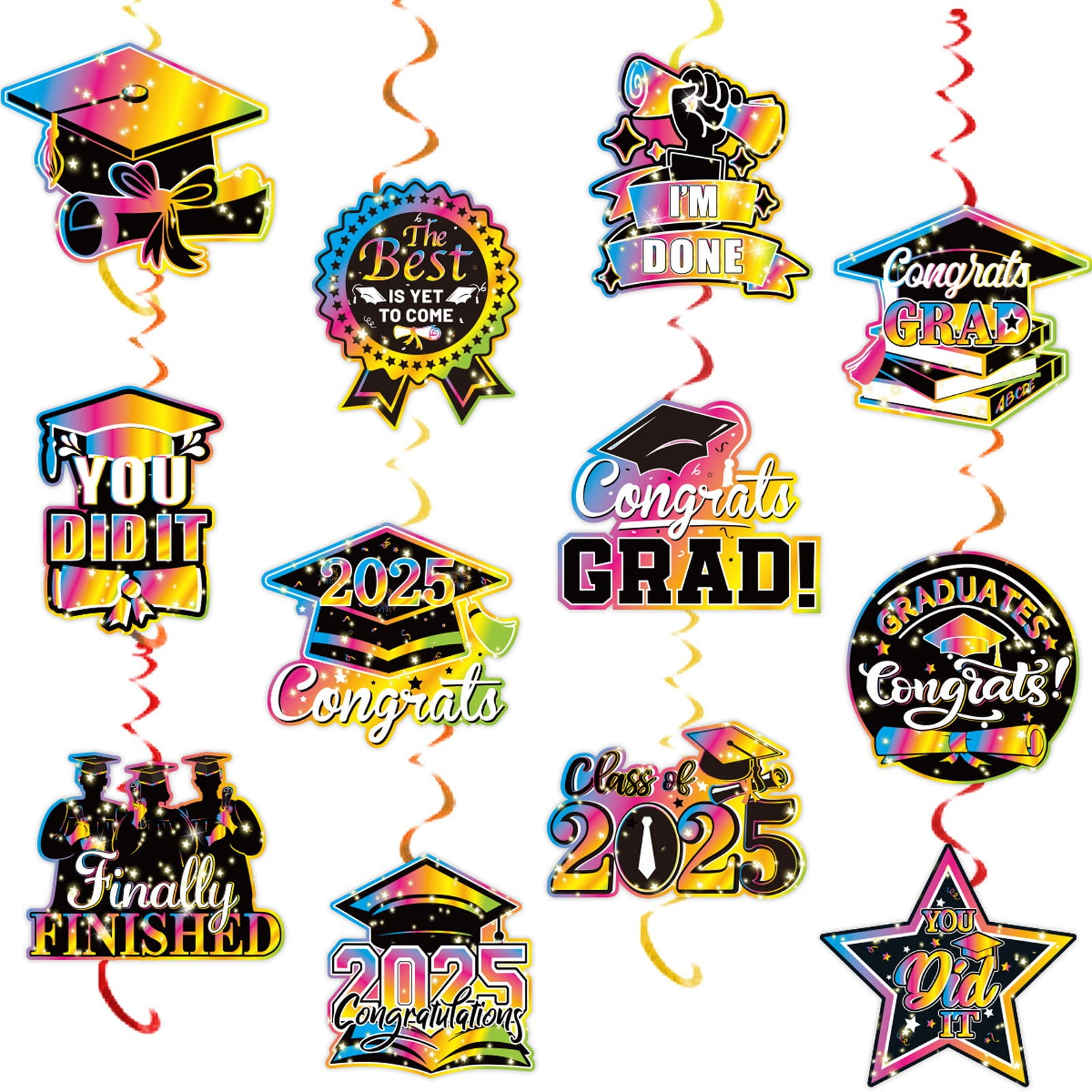 Congrats Grad Banner Black and Gold, 2025 Graduation Hanging Swirls ...