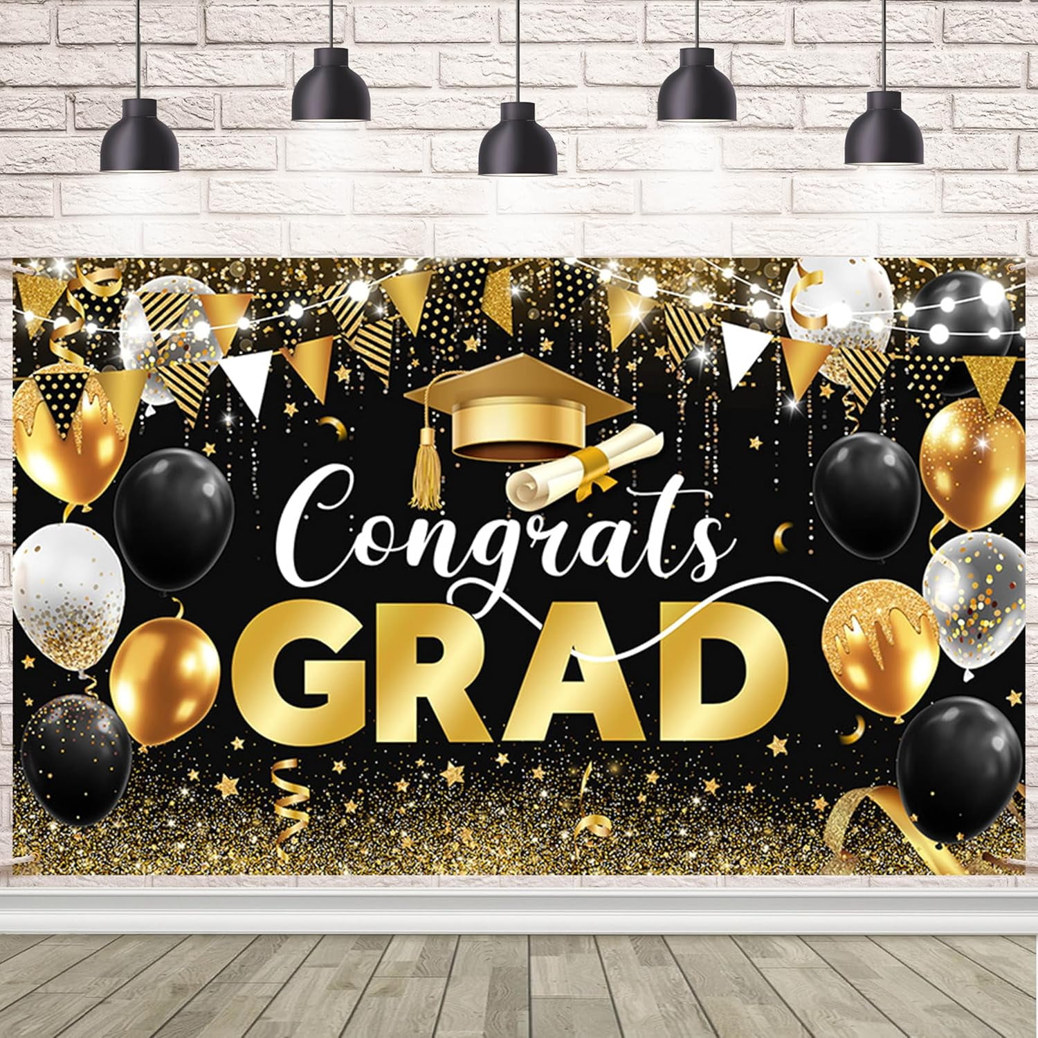 Congrats Grad Beautiful Backdrop Black Gold Glitter Balloons ...