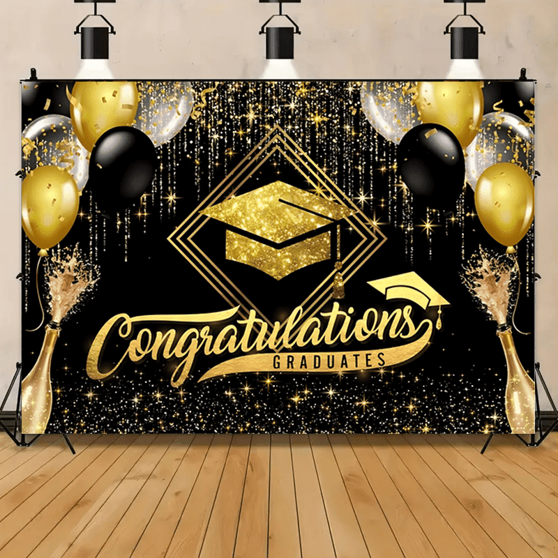 Congrats Grad! Black & Golden Photography Backdrop - Polyester Party ...