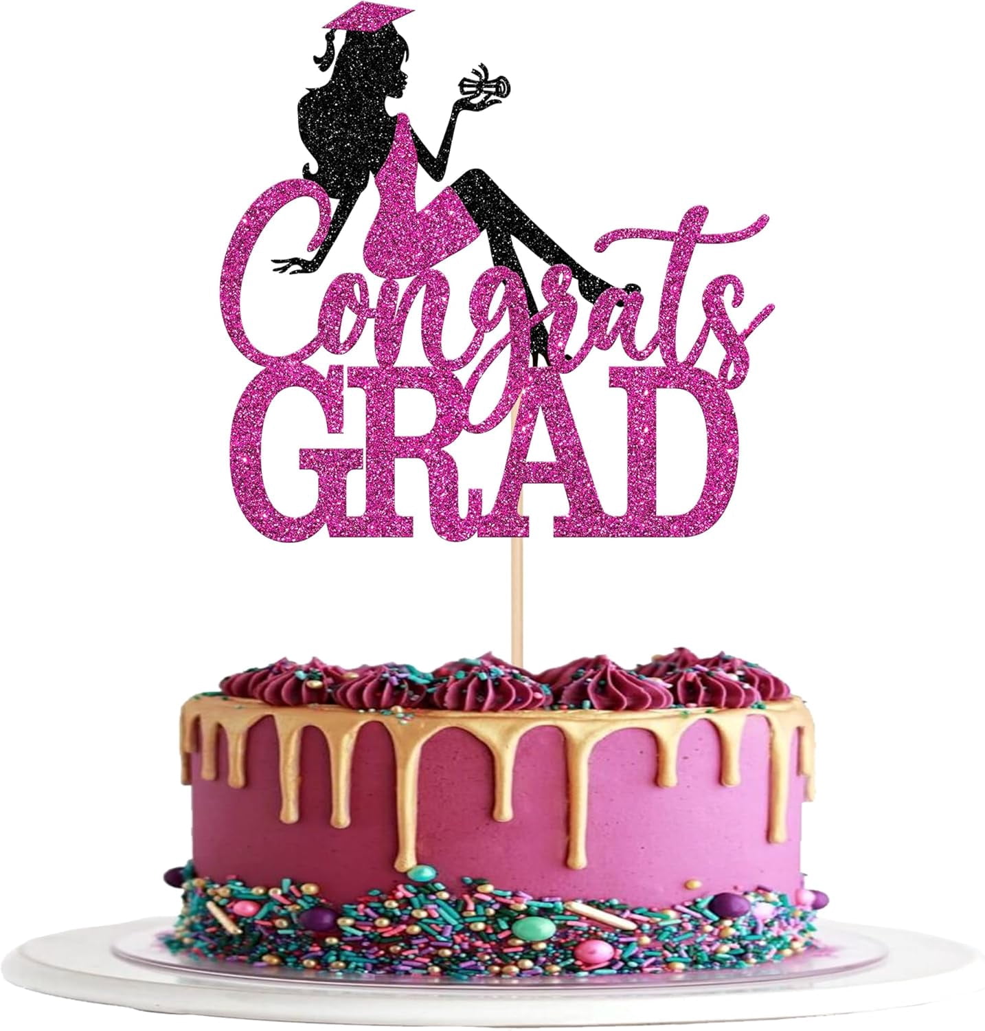 Congrats Grad Cake Topper, Black Fuchsia Pink Glitter Female Graduate ...