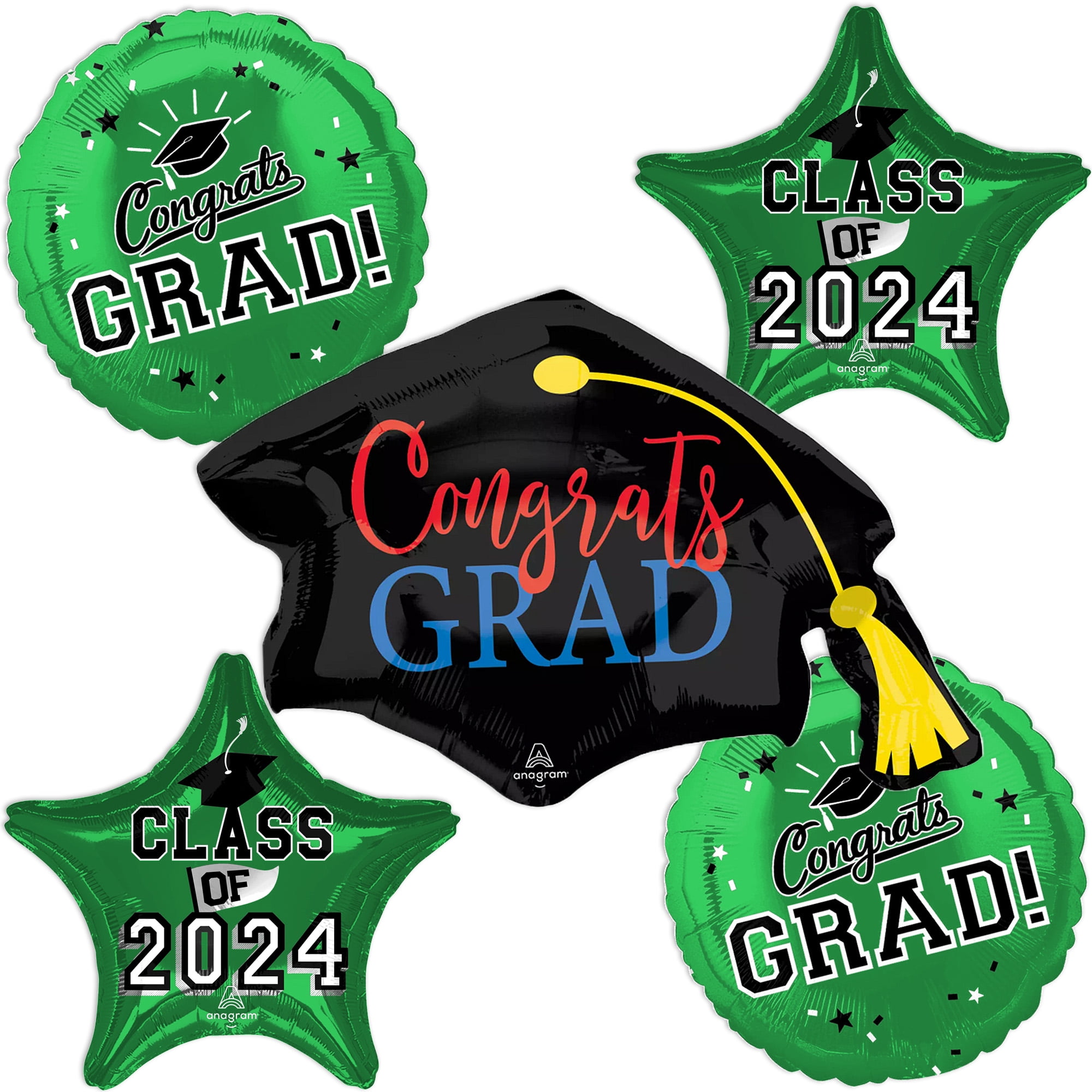 Congrats Grad Cap Class 2024 School Color 5pc Balloons, Green Black ...
