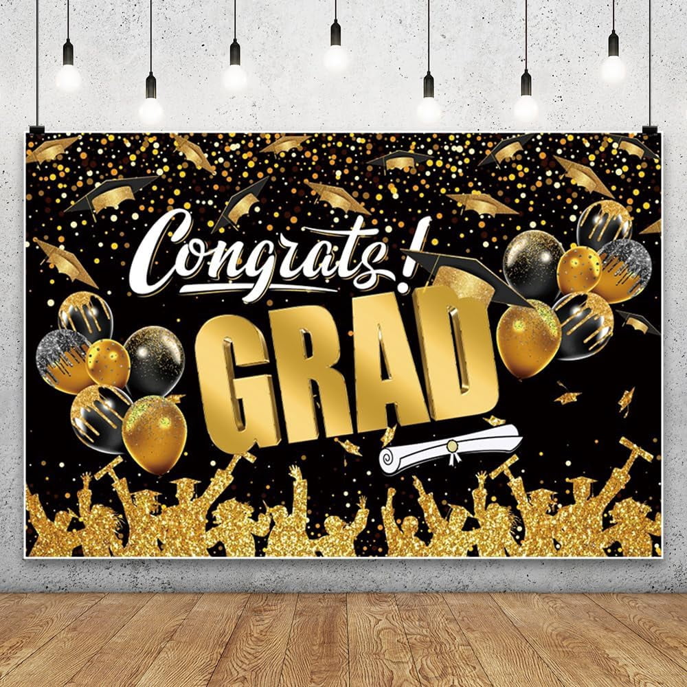 Congrats Grad Class of 2025 Backdrop Black Gold Graduation Backdrop for ...