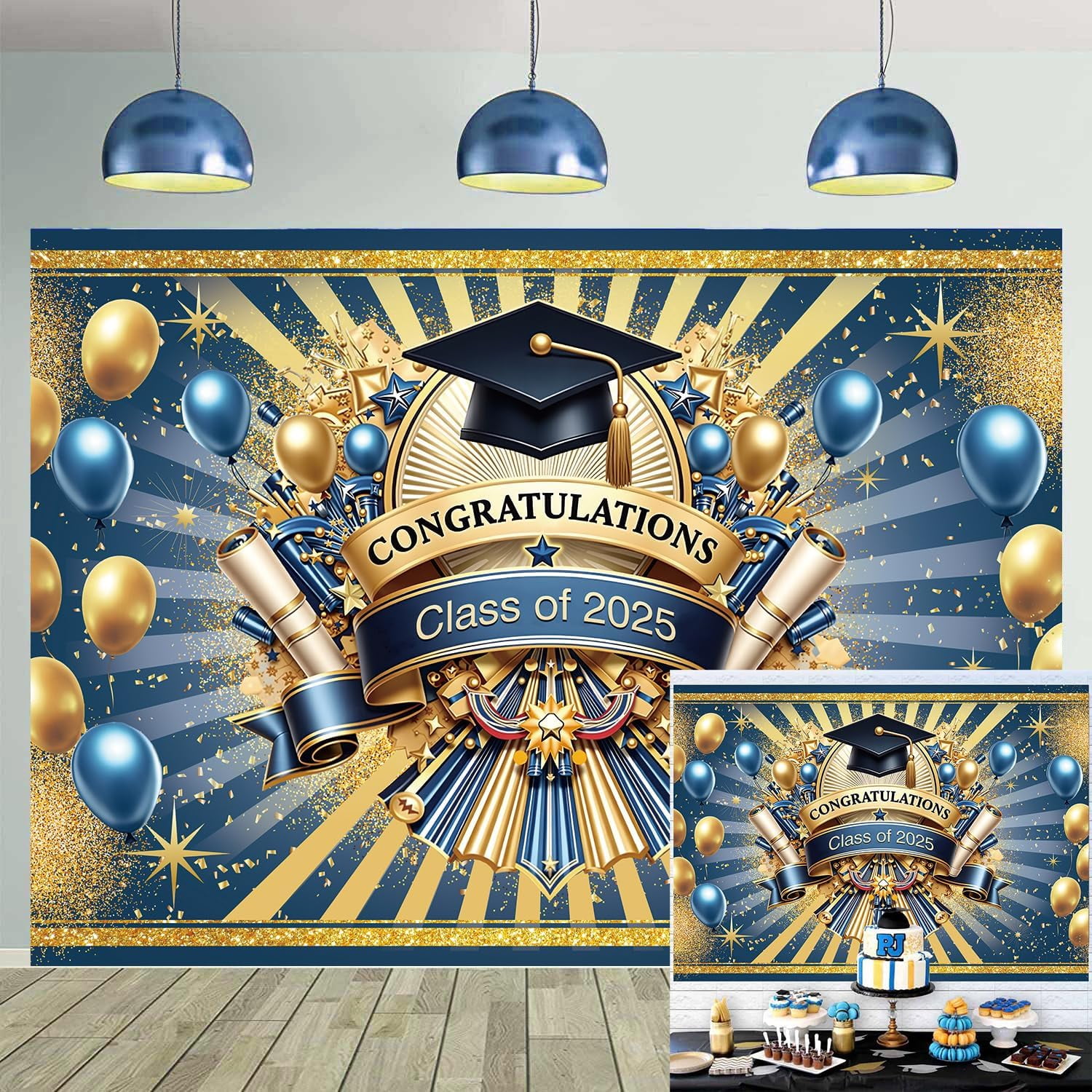 Congrats Grad Class of 2025 Backdrop Blue Gold Balloons Graduation ...