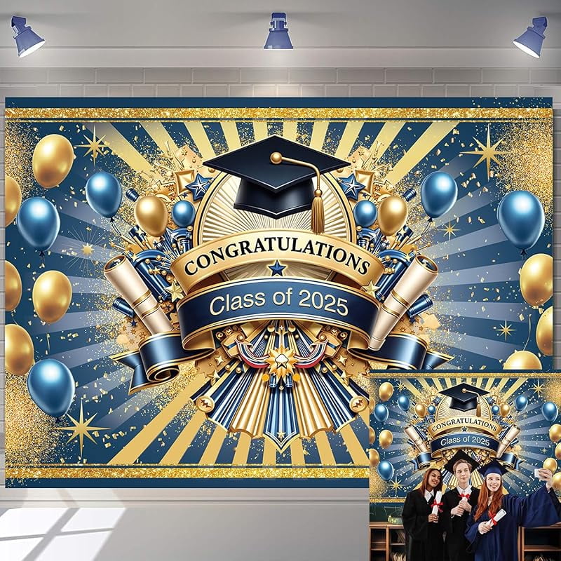 Congrats Grad Class of 2025 Backdrop Blue Gold Balloons Graduation ...