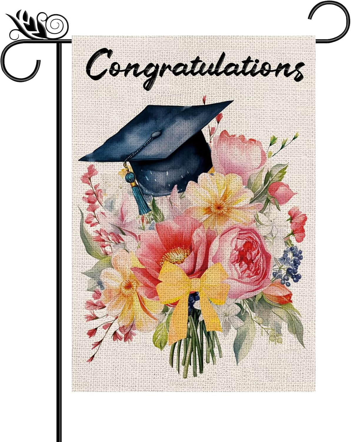 Congrats Grad Garden Flag Graduation Cap Burlap Vertical Double Sided ...
