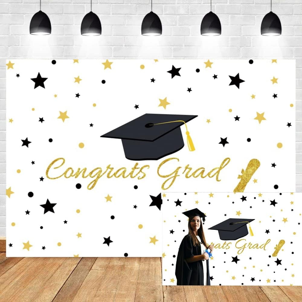 Congrats Grad Graduation Backdrop Trencher Cap Black and Gold Stars ...