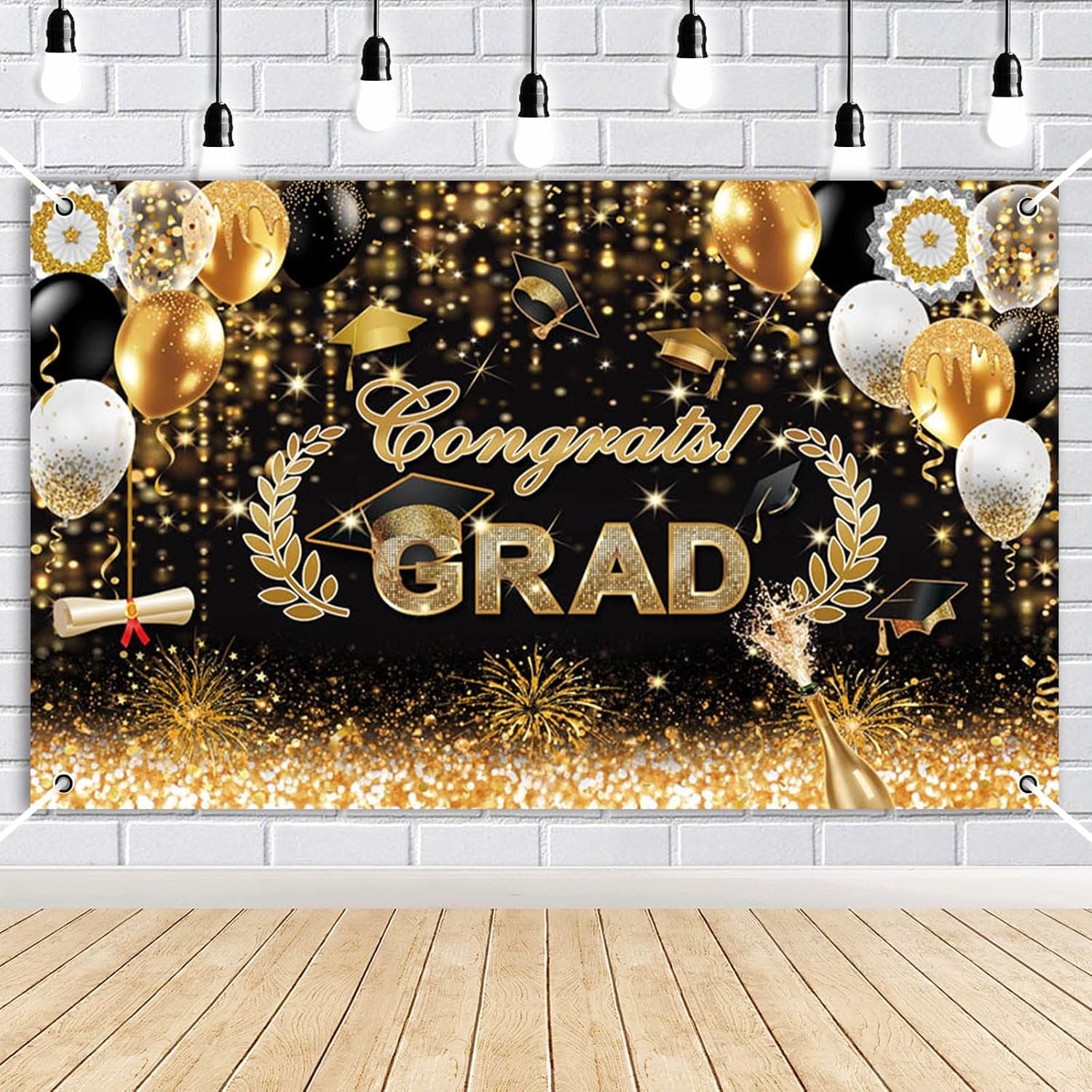 Congrats Grad Graduation Banner Backdrop Large Black Gold Grad Class of ...