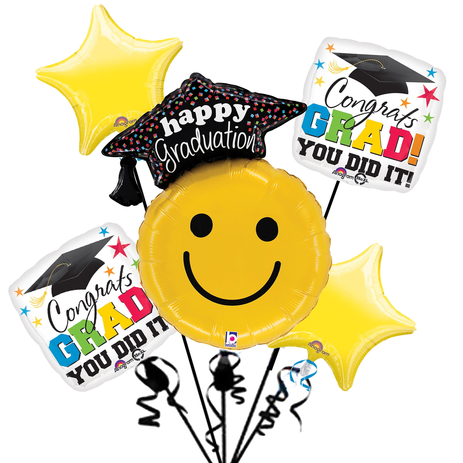 Congrats Grad Smile Face Emoticon Bouquet 5pc Graduation Balloons ...