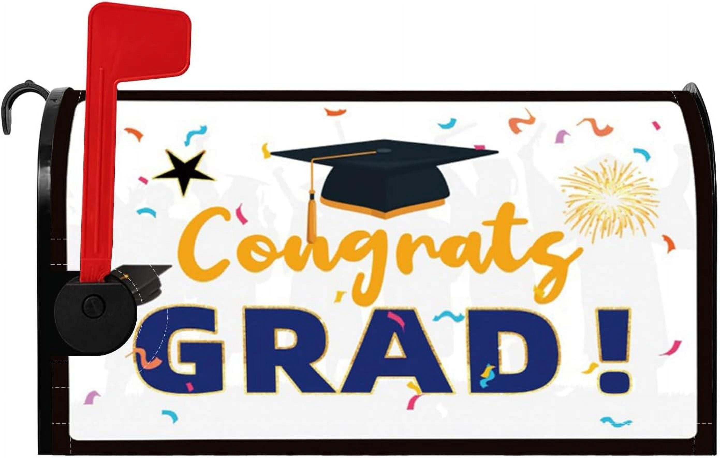 Congrats Grad Mailbox Cover Trencher Cap Confetti Fireworks Graduation ...
