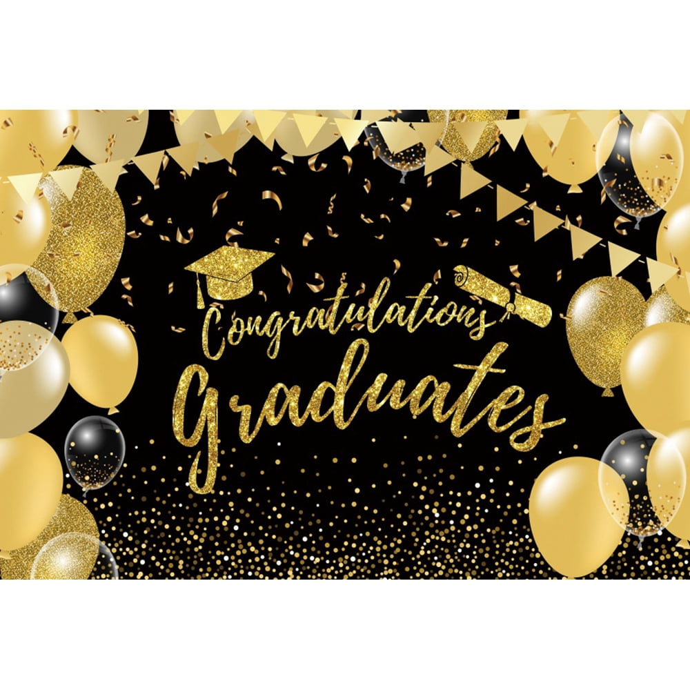 Congrats Grad Photography Backdrop Gold Glitter Balloon Bachelor Cap ...
