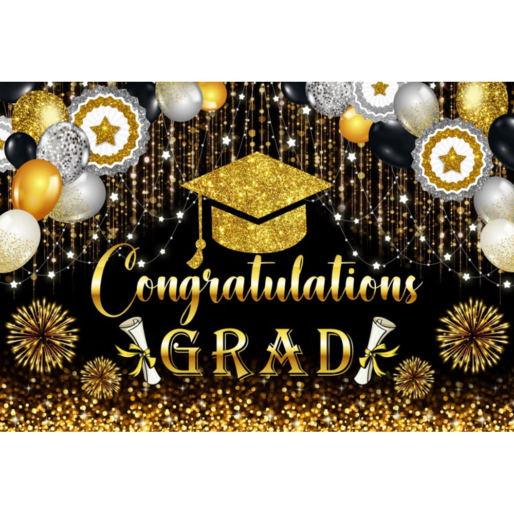 Congrats Grad Photography Backdrop Gold Glitter Balloon Bachelor Cap ...