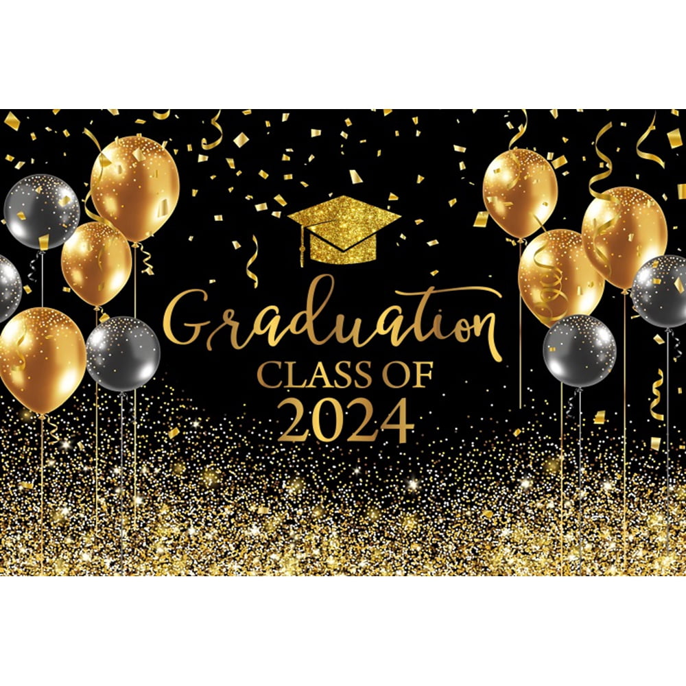 Congrats Grad Photography Backdrop Gold Glitter Balloon Bachelor Cap ...