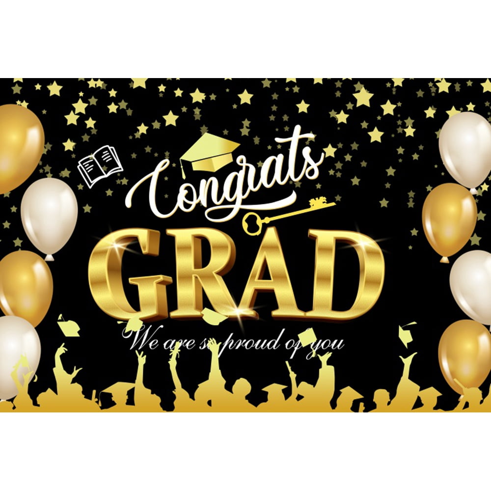 Congrats Grad Photography Backdrop Gold Glitter Balloon Bachelor Cap ...